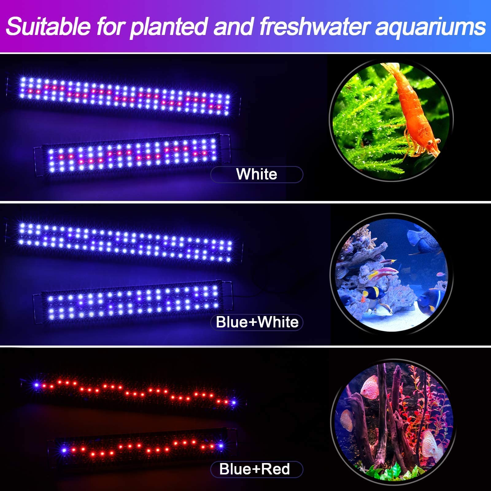 AQQA Aquarium Lights,Fish Tank LED Light with Extendable Brackets,Waterproof Full Spectrum Blue Red White LEDs with External Timer Controller for Freshwater Planted 11W(12"-18")