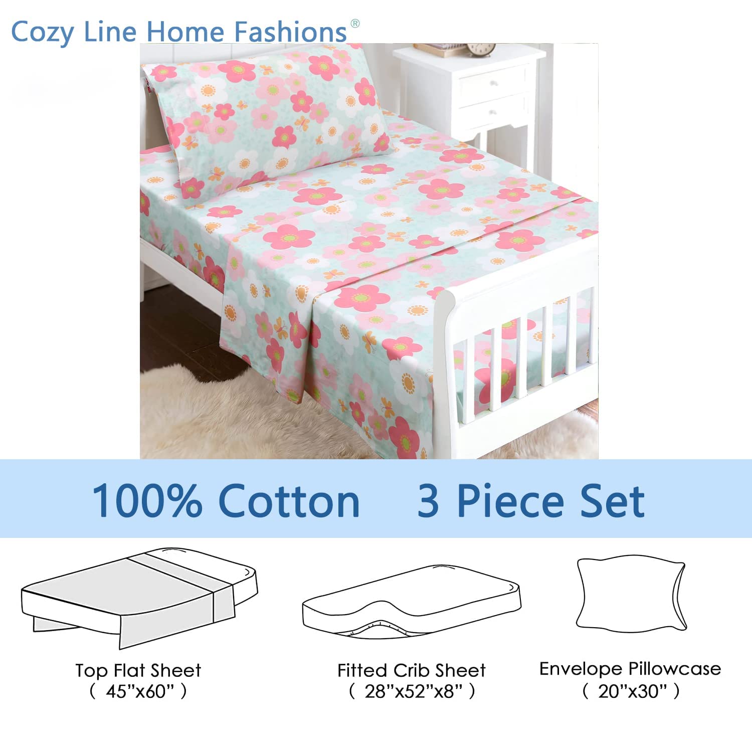 Danica 3-Piece 100% Cotton Toddler Sheet Set for Boys & Girls, Includes Top Sheet, Fitted Sheet, Standard Pillow Case (Pink Flower)