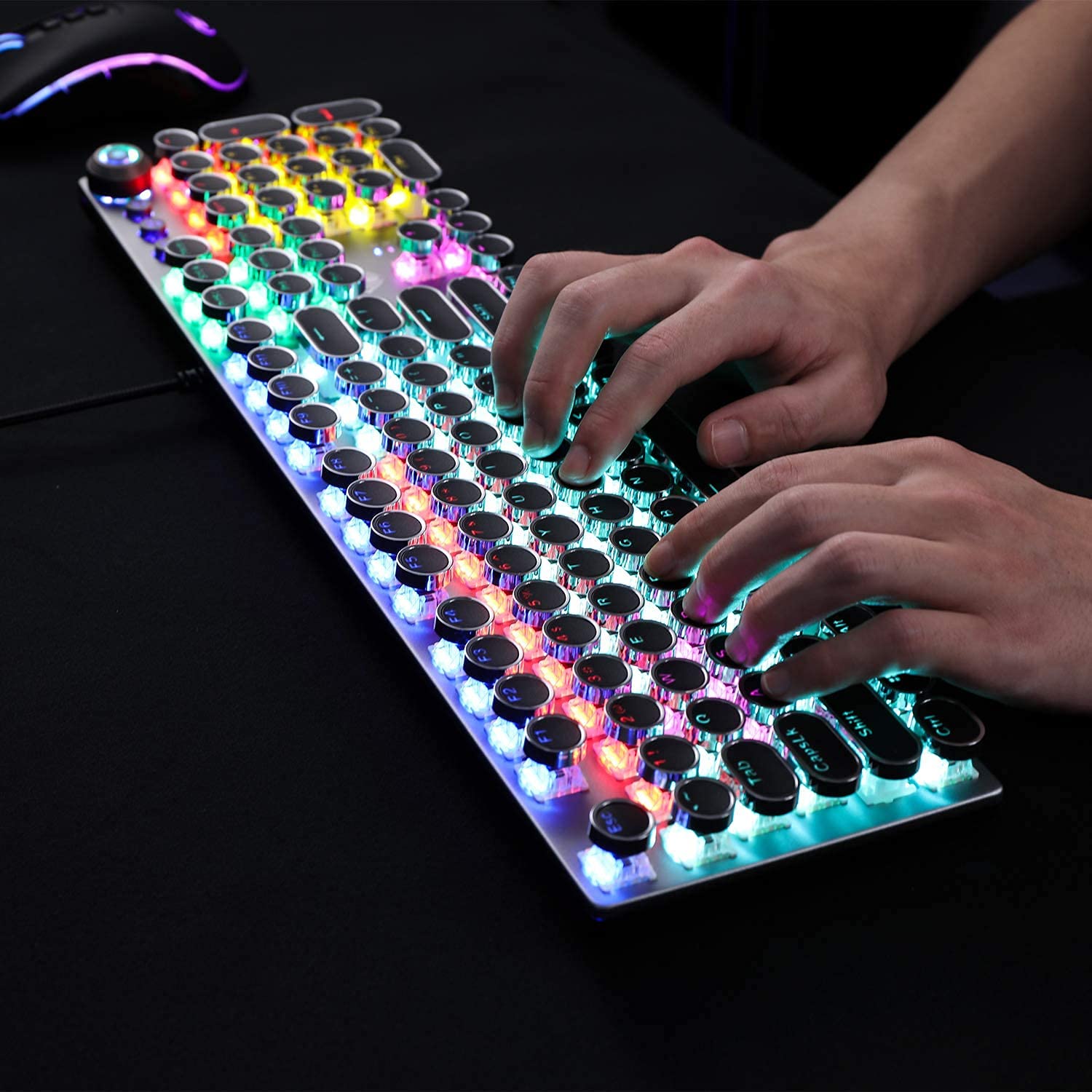 AULA L2058 LED Backlit Mechanical Gaming Keyboard, Retro Steampunk Round Keys, Brown Switches, Magnetic Wrist Rest, Media Control Knob Buttons