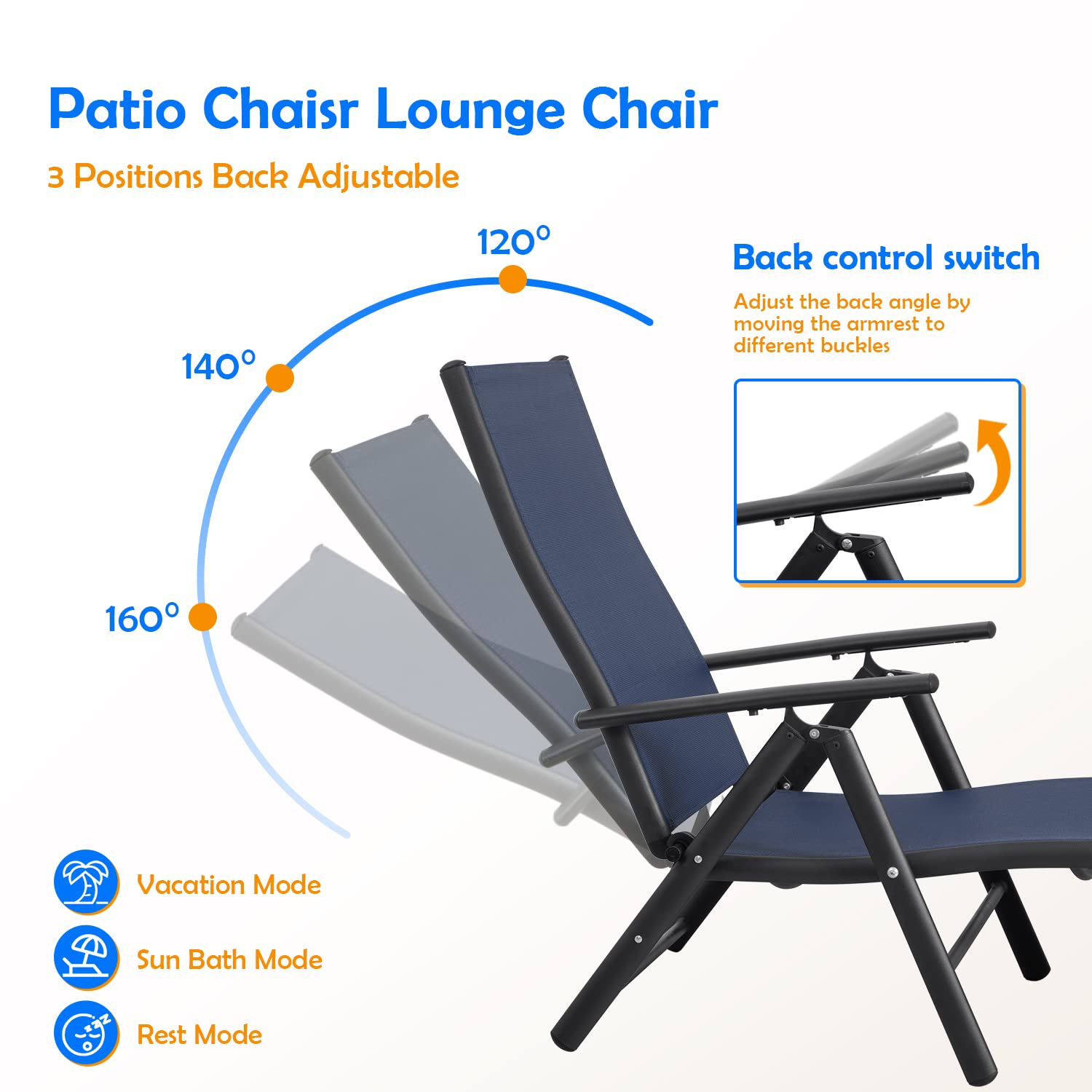 Devoko Patio Lounge Chairs Outdoor Chaise Lounge Beach Pool Side Folding Recliner Adjustable Lounge Chair Set of 2 (Blue)