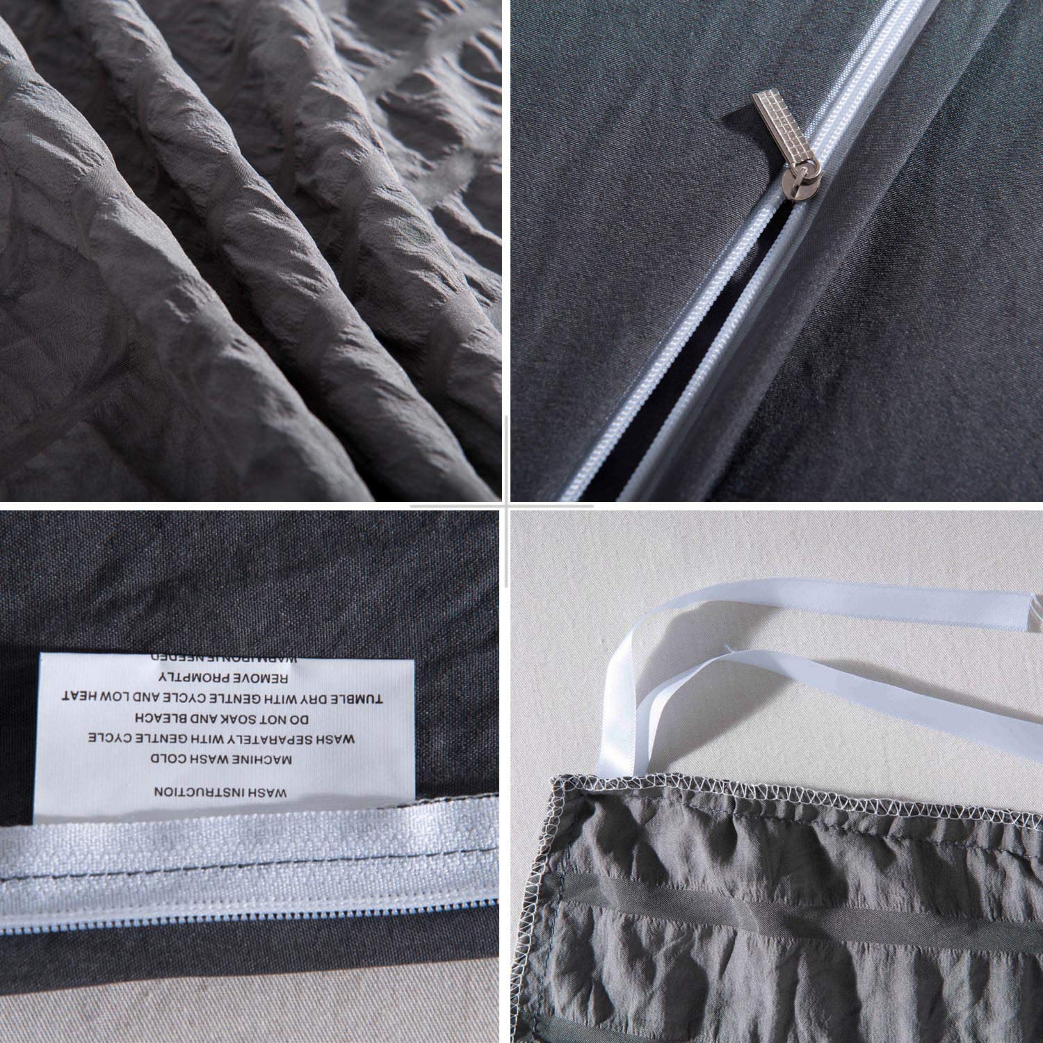 Cozyholy Seersucker Duvet Cover Set Queen Size 3 Pieces Dark Grey Textured Bedding Duvet Cover Ultra Soft Lightweight Microfiber Comforter Cover Set with Zipper Closure Corner Ties