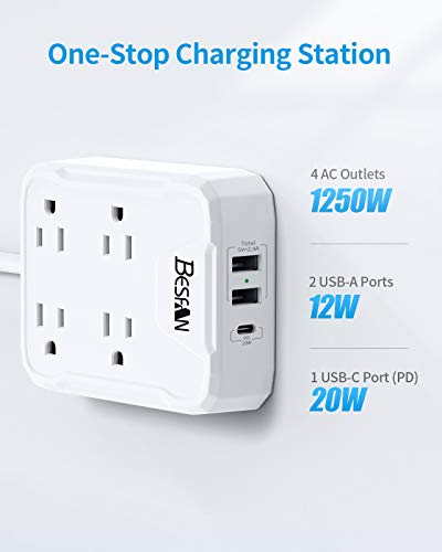 BESFAN Power Delivery Power Strip with USB C (20W), Electrical Outlet Extender with 4 Outlets, 2 USB-A Ports & 1 USB-PD Port, Flat Plug Extension Cord 4.6 Ft for Travel/Home/Office