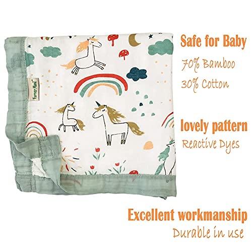 Muslin Soft Swaddle Blankets, Muslin Quilt Baby Blanket for Boy Girl Toddler Daycare, Multiple Layer Swaddle Wrap, 70% Bamboo 30% Cotton, Practical Size 43X45inchs (Rainbow Unicorn)