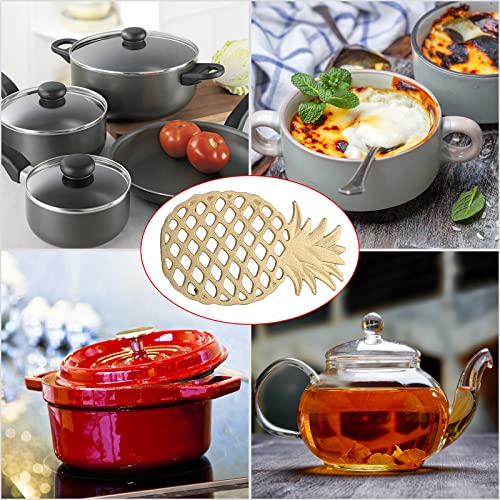 BTSKY 2 Pack 8.5x5.2 Inch Cast Iron Trivets for Hot Dishes, Rustproof Pineapple Gold Metal Hot Pot Pads Decorative Hot Plate Trivets for Kitchen Countertop Dining Table with Rubber Pegs