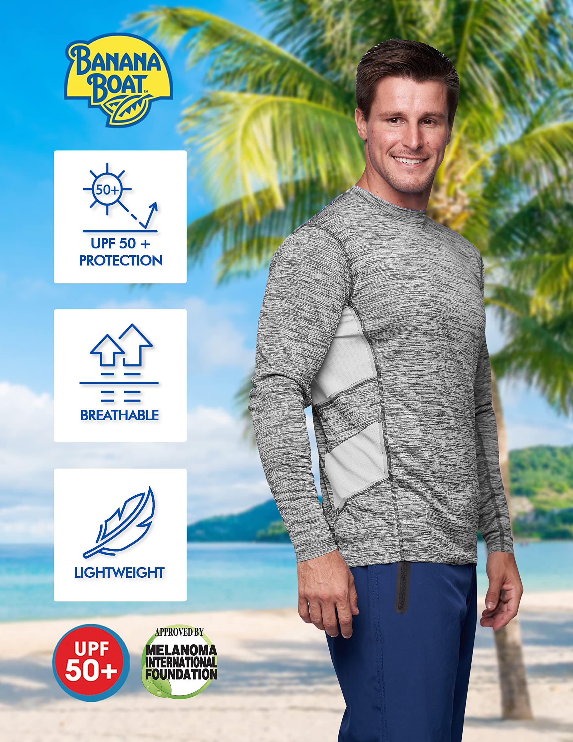Banana Boat Mens Long Sleeve UPF 50+ Water Proof | UV Protection | Wind Proof | Breathable Performance Tee with Mesh Panels | Space Grey