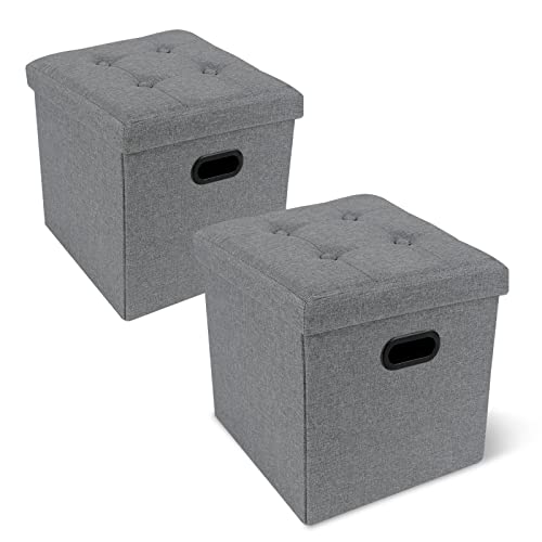 Babion 15 Inches Storage Ottoman Cube, Footrest Stool with Metal Hole Handles& Lid, Folding Storage Ottoman, Box Chest with Foam Padded Seat, Cube Ottoman with Storage, Linen Square(Dark Grey,2pcs)