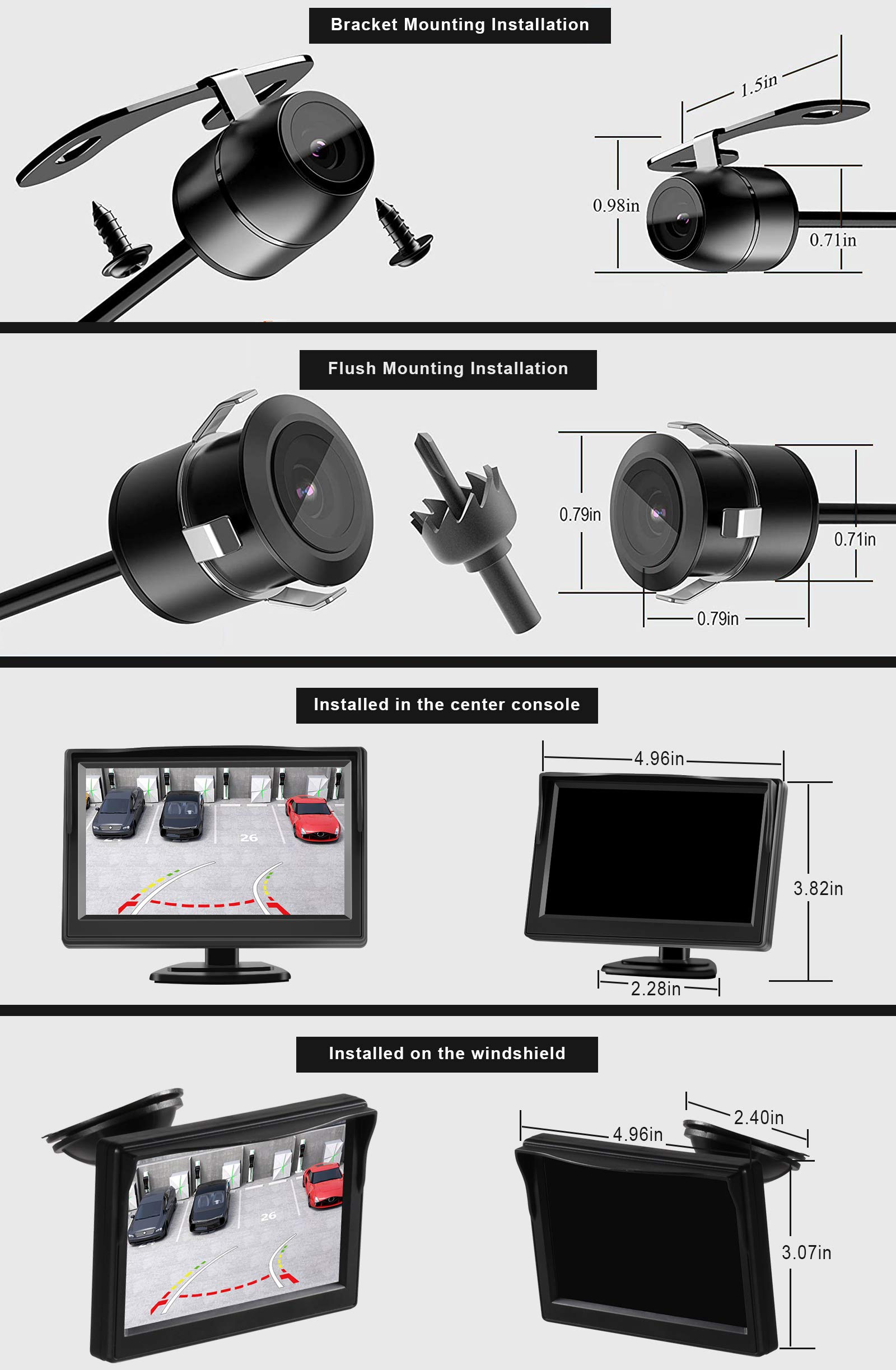 Backup Camera Safety System Kit with Dynamic Trajectory Guide Line, SAMFIWI 4.3in TFT-LCD 720P HD Monitor and Waterproof Rear View Camera Multiple Installation Methods for Trucks/Cars/Pickups (Black)