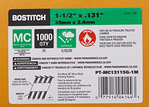 BOSTITCH Framing Nails, Paper Tape Collated, Galvanized Metal Connector, 1-1/2-Inch x .131-Inch, 1000-Pack (PT-MC13115G-1M)