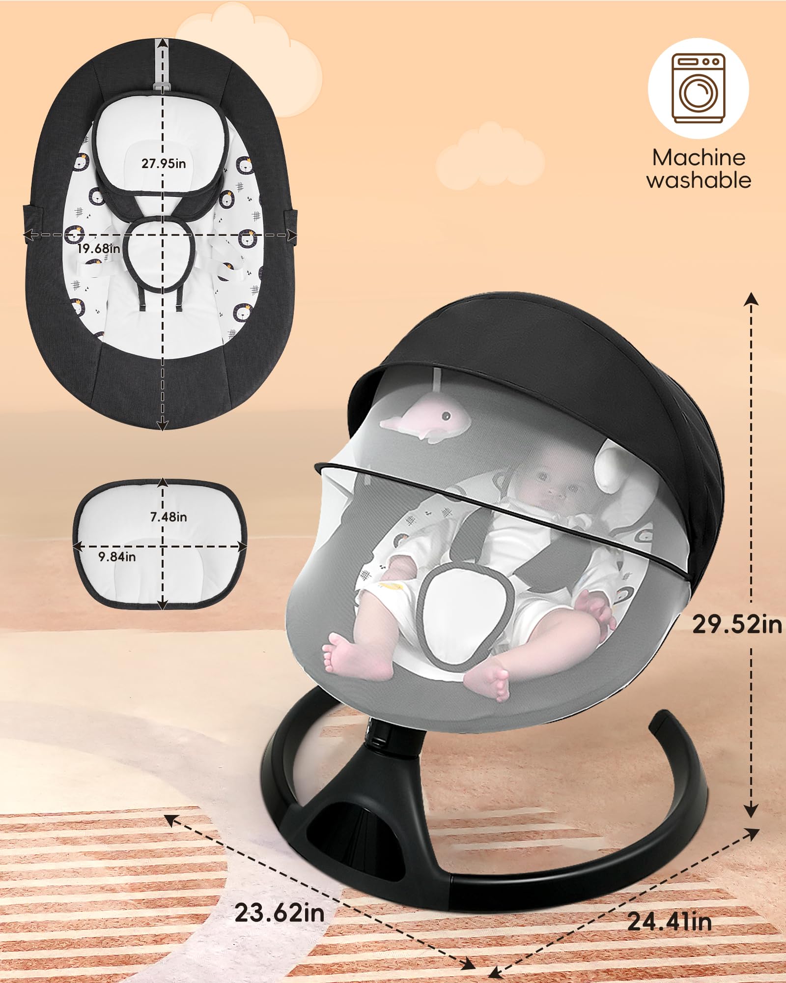 Baby Swing for Infants to Toddler Portable Babies Swing Timing Function 5 Swing Speeds Bluetooth Touch Screen Music Speaker with 10 Preset Lullabies 5-Point Carabiner