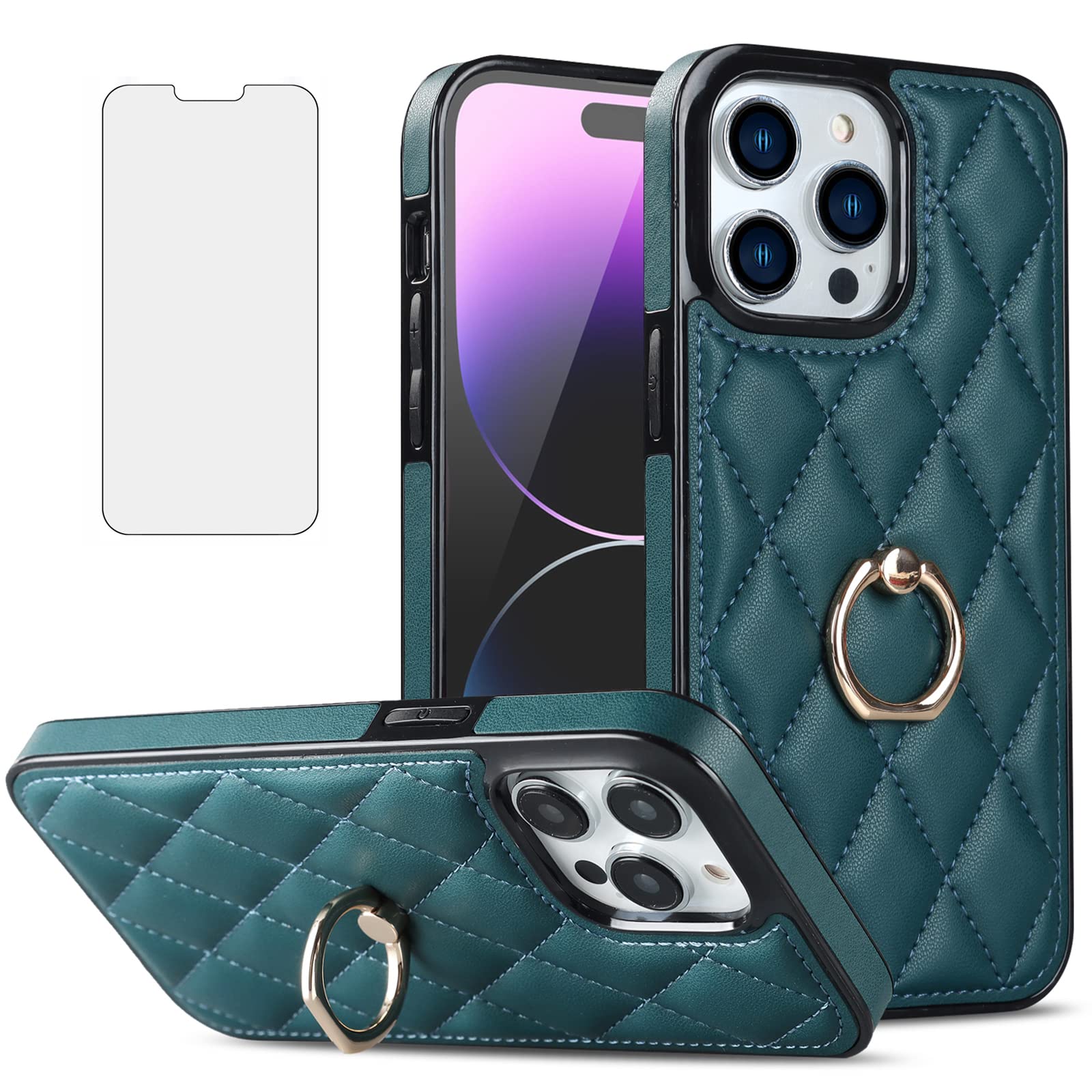 Asuwish Phone Case for iPhone 14 Pro Max 6.7 inch with Tempered Glass Screen Protector Ring Holder Kickstand Soft Quilted Leather Protective Cover iPhone14promax 5G i iPhone14 ProMax Women Men Black