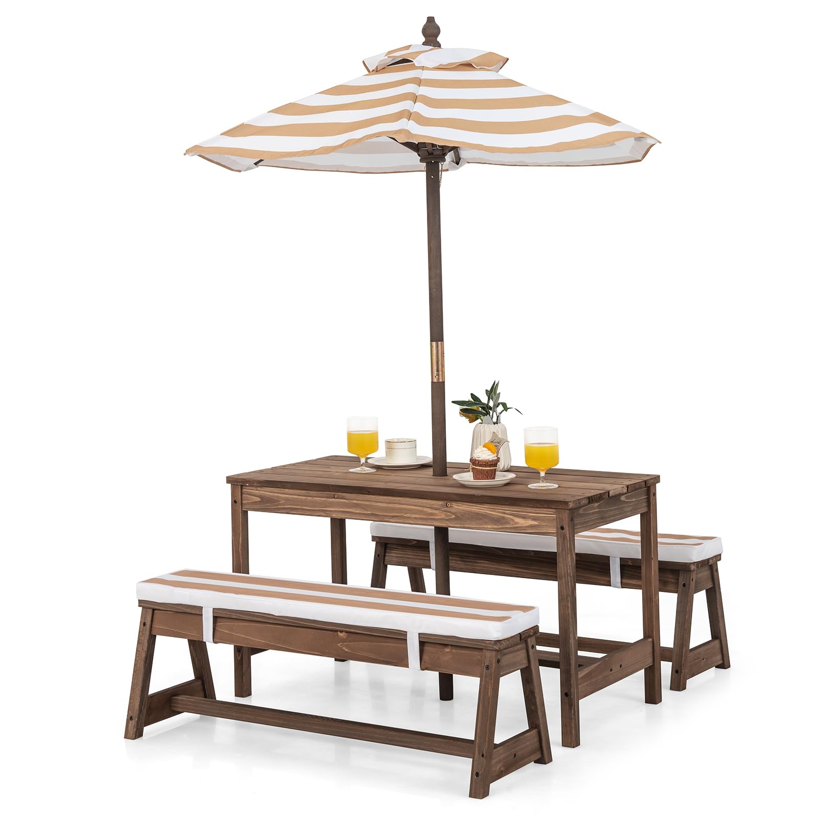 HONEY JOY Kids Picnic Table, Outdoor Wooden Table & Bench Set w/Removable Cushions and Umbrella, Stripe Fabric, Children Backyard Furniture for Patio Garden, Gift for Toddler Boys Girls Age 3+(Coffee)