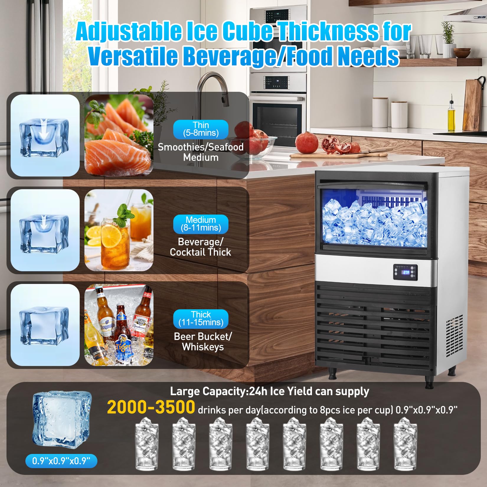 Commercial Ice Maker Machine, 150lbs/24H Stainless Steel Under Counter ice Machine with 30lbs Ice Storage Capacity, Freestanding Ice Maker for Bar Home Office Restaurant, 340W
