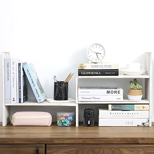 MyGift Adjustable Whitewashed Solid Wood Desktop Storage Organizer Display Shelf Book Rack, Office Desk Bookshelf