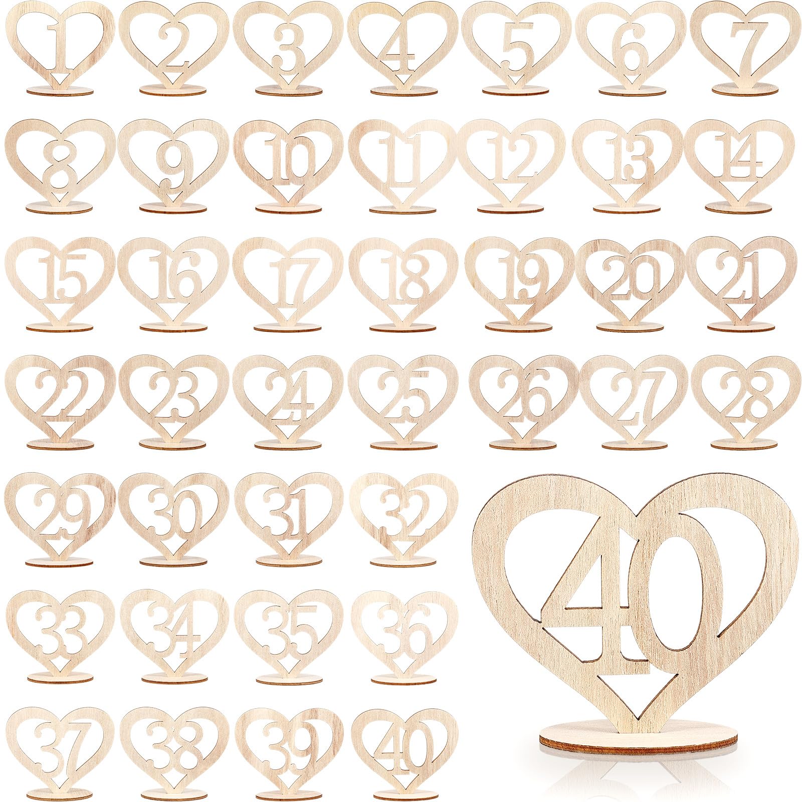 Blulu 40 Pieces Wooden Wedding Table Numbers Heart Shape 1-40 Table Numbers with Holder Base Standing Rustic Hollow Wood Table Numbers for Wedding Event Party Catering Decoration