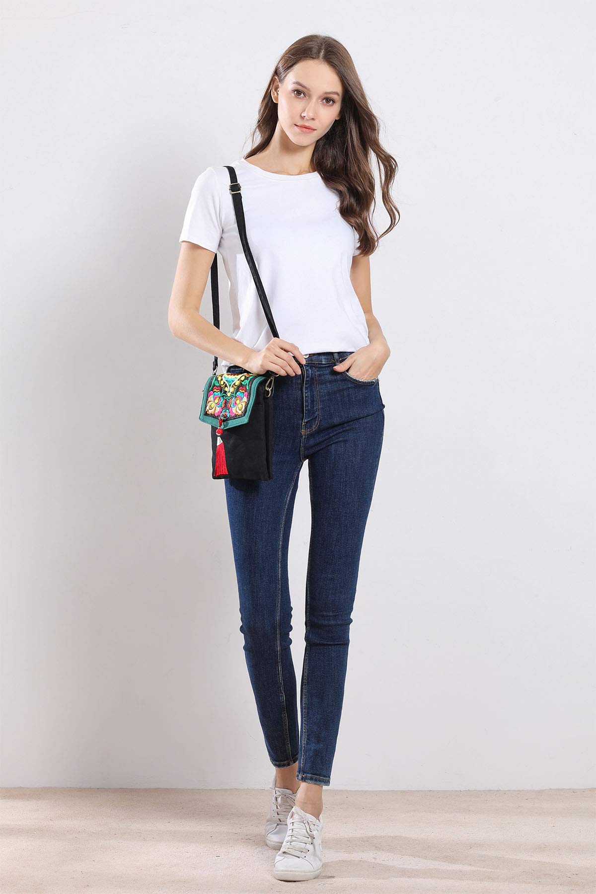 Embroidered Tassels Canvas Crossbody Bag, Cute Shoulder Bag Cellphone Pouch Purse (A02: Vertical-Tassel-Green)