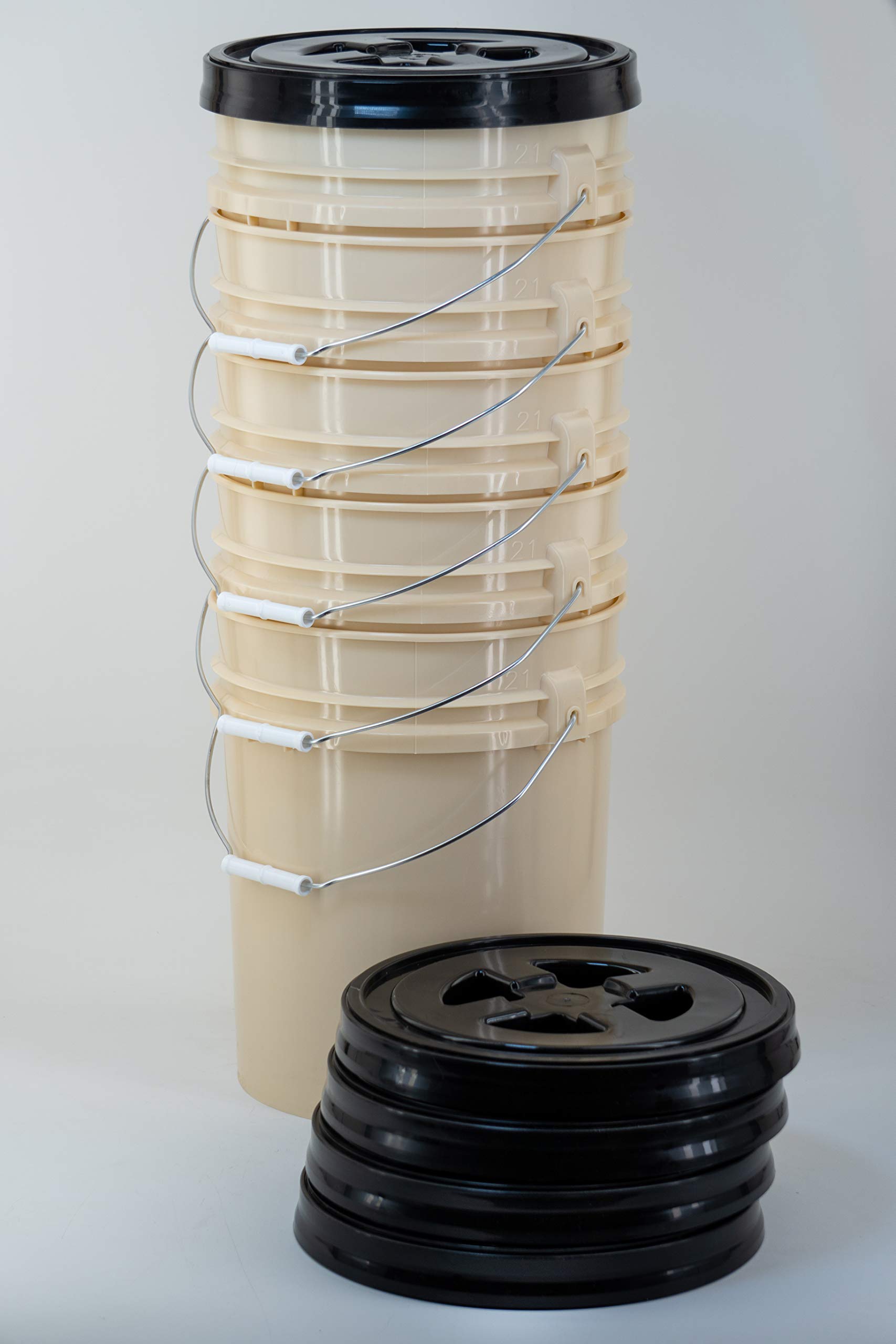 Bucket Kit, Five 90 mil Tan 5 Gallon Buckets with Black Twister Seal Lids