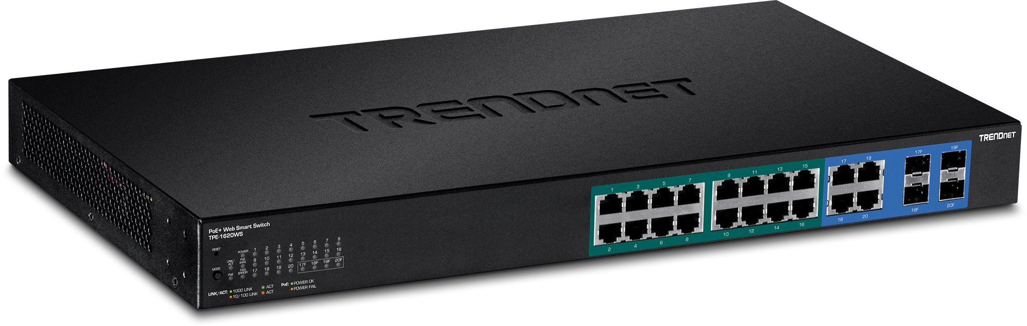 TRENDnet 16-Port Gigabit PoE+ Web Smart Switch with 2 Shared SFP Slots, Up to 30 W Per Port, 185 W Total Power Budget, Rack Mountable, TPE-1620WS, black