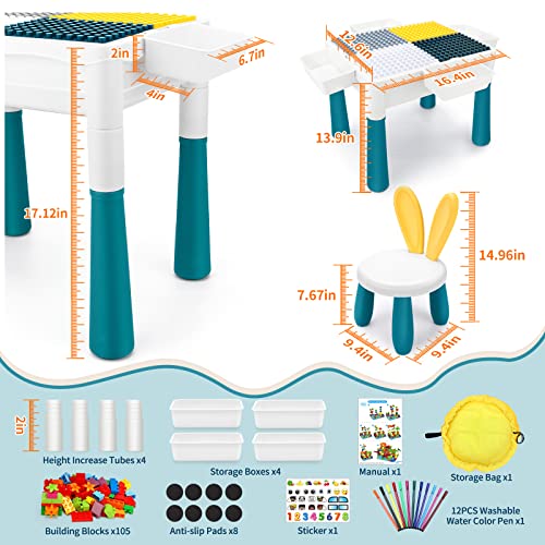 ROGALALY Kids Activity Table Set, All-in-One Multi Activity Table with Storage, 105pcs Building Blocks Table Compatible with Classic Bricks, Craft Learn Play Water Sand Table for Boys Girls