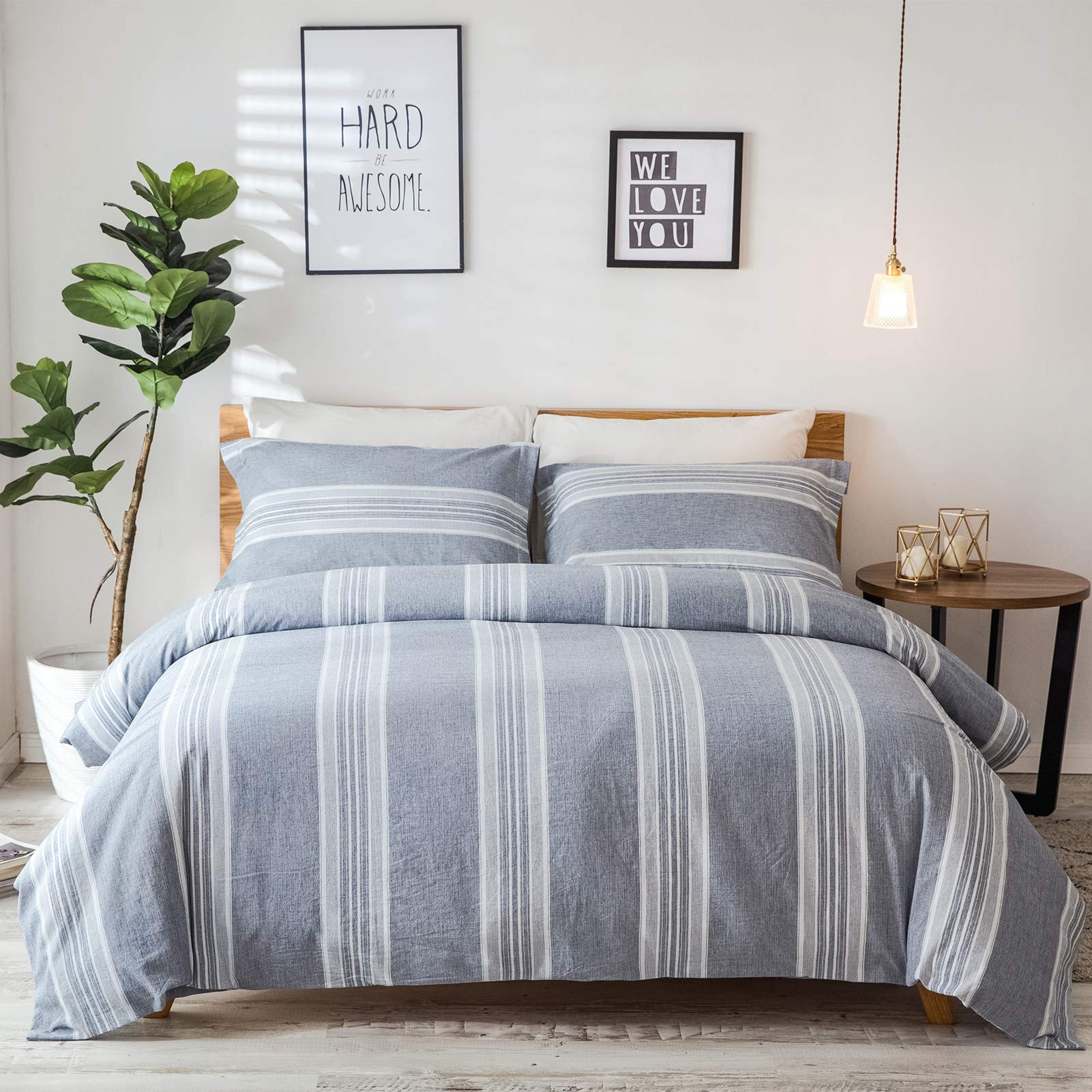 David's Home 100% Washed Cotton Duvet Cover Set Queen Size, Chambray Stripe Duvet Cover with Pillow Shams, 3pcs Ultra Soft and Breathable Comforter Cover Set, 90x 90 Inches, Blue Beige
