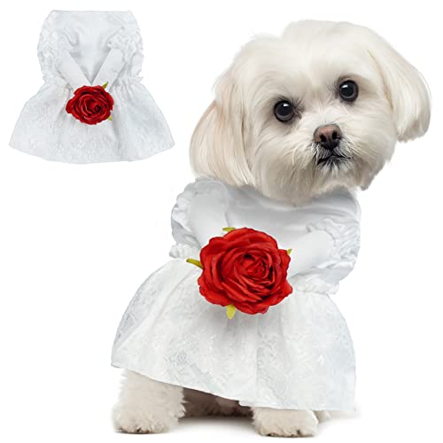 FUAMEY Dog Wedding Dress,Pet Costumes Evening Dresses Tutu Shirts,Puppy Girl Bride Skirt Holding Flowers Clothing,Fancy Luxury Rose Lace Dog Cat Bridesmaid Attire,Pet Sweet Formal Apparel Outfit White
