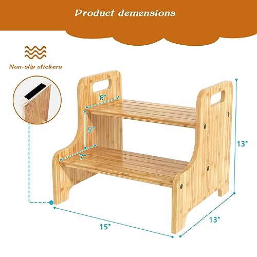 C&AHOME Wooden Toddler Step Stool - Kids Step Stool for Bathroom Sink - Wood Child Step Stool Non-Slip - Sturdy Natural Wood Two Step Stools with Handles for Kids