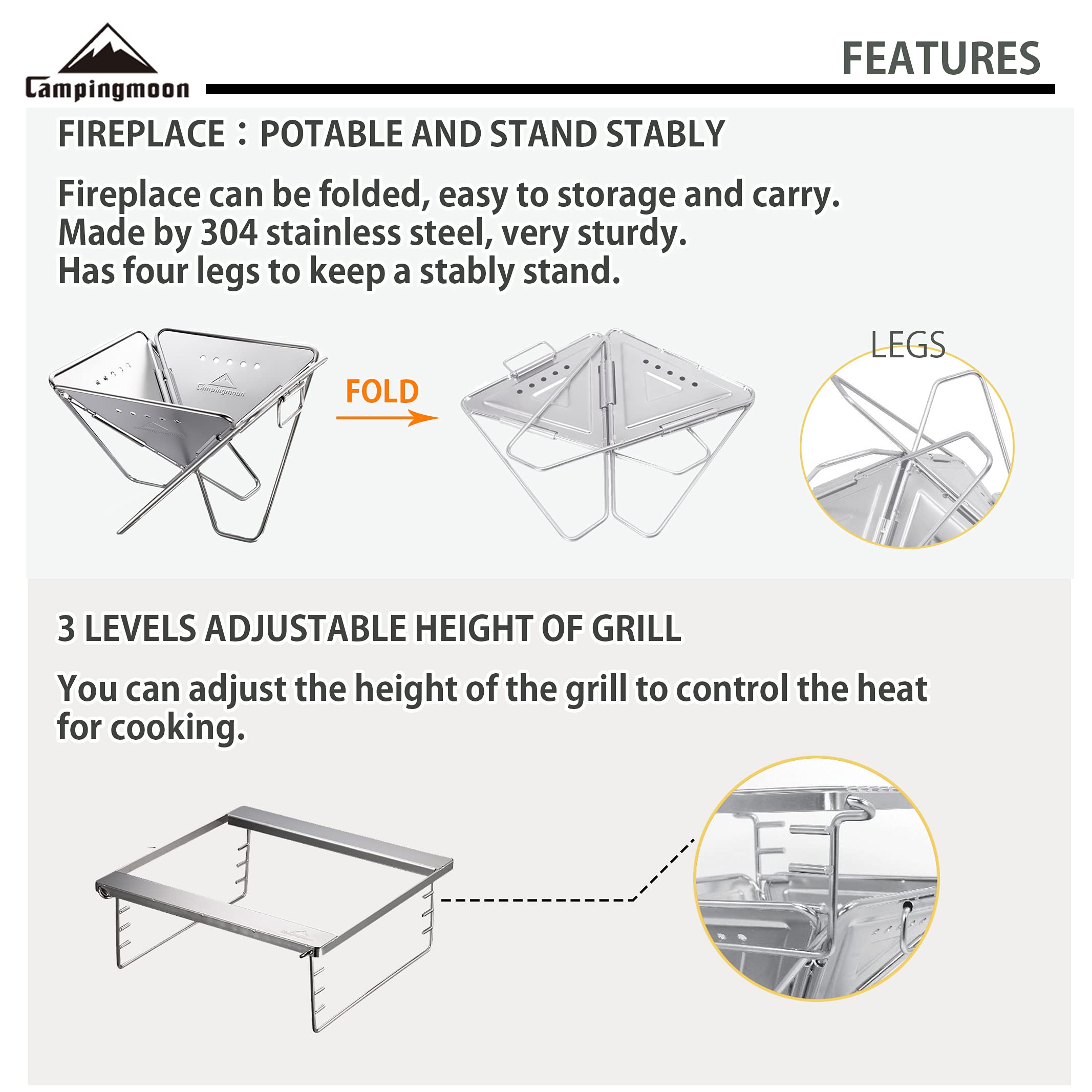 CAMPINGMOON 3-in-1 Portable Stainless Steel Wood Burning Grill and Fire Pit 16x18-inch with Carrying Bag MT-045
