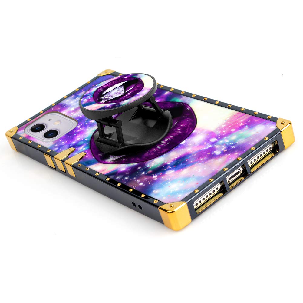 BITOBE Luxury Square Phone Case iPhone 11 with Stand 6.1 Inch 2019 Retro Elegant Soft TPU Design Cover for Women Girls with Ring Holder Kickstand (Purple Galaxy Diamond Lips)