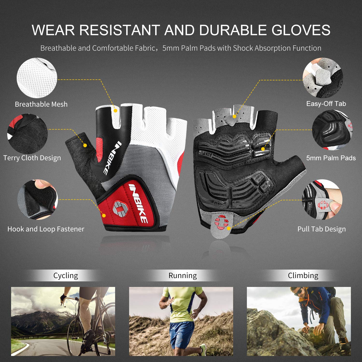 INBIKE 5mm Gel Pad Half Finger Bike Bicycle Cycling Gloves Red X-Large