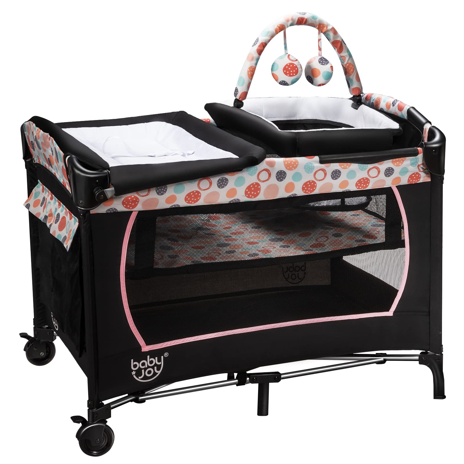BABY JOY 4 in 1 Pack and Play, Portable Baby Playard w/Bassinet & Diaper Changing Table, Infant Nursery Center Bassinet with Toys & Oxford Bag for Baby Toddlers (Pink, Basic)
