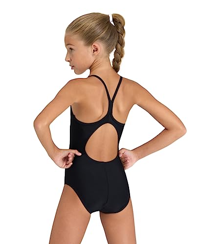 Arena Feel Girls' Junior Light Drop Back Solid Swimsuit MaxFit Comfortable One Piece Suit Pool or Beach, US Size 10-12 Jr/28, Black/Black