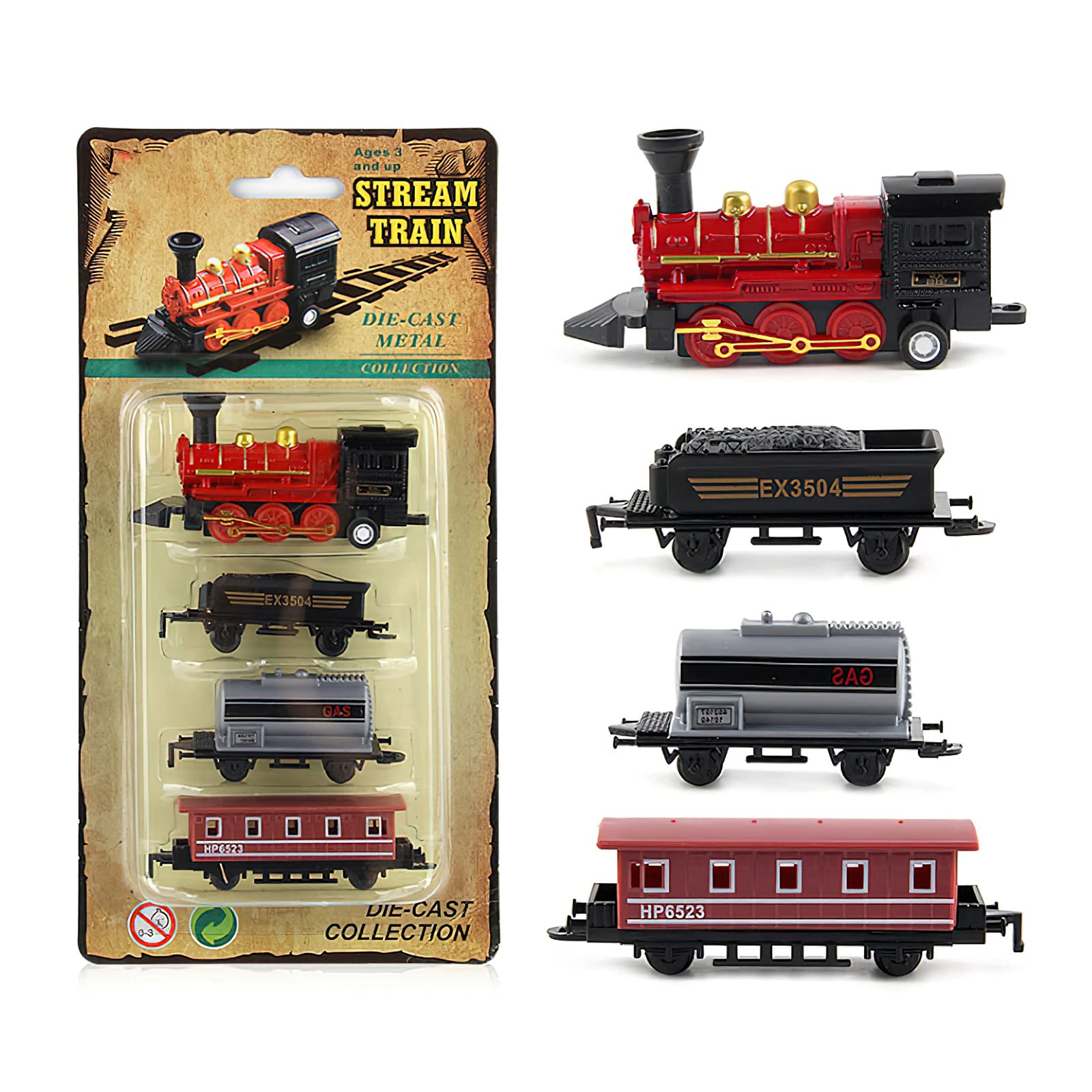 Mini Alloy Retro Steam Train Toy Kit Die-Cast Pull Back Simulation Steam Train Model Toys for 3 4 5 6 Years Old Kids Boys and Girls 8PCS