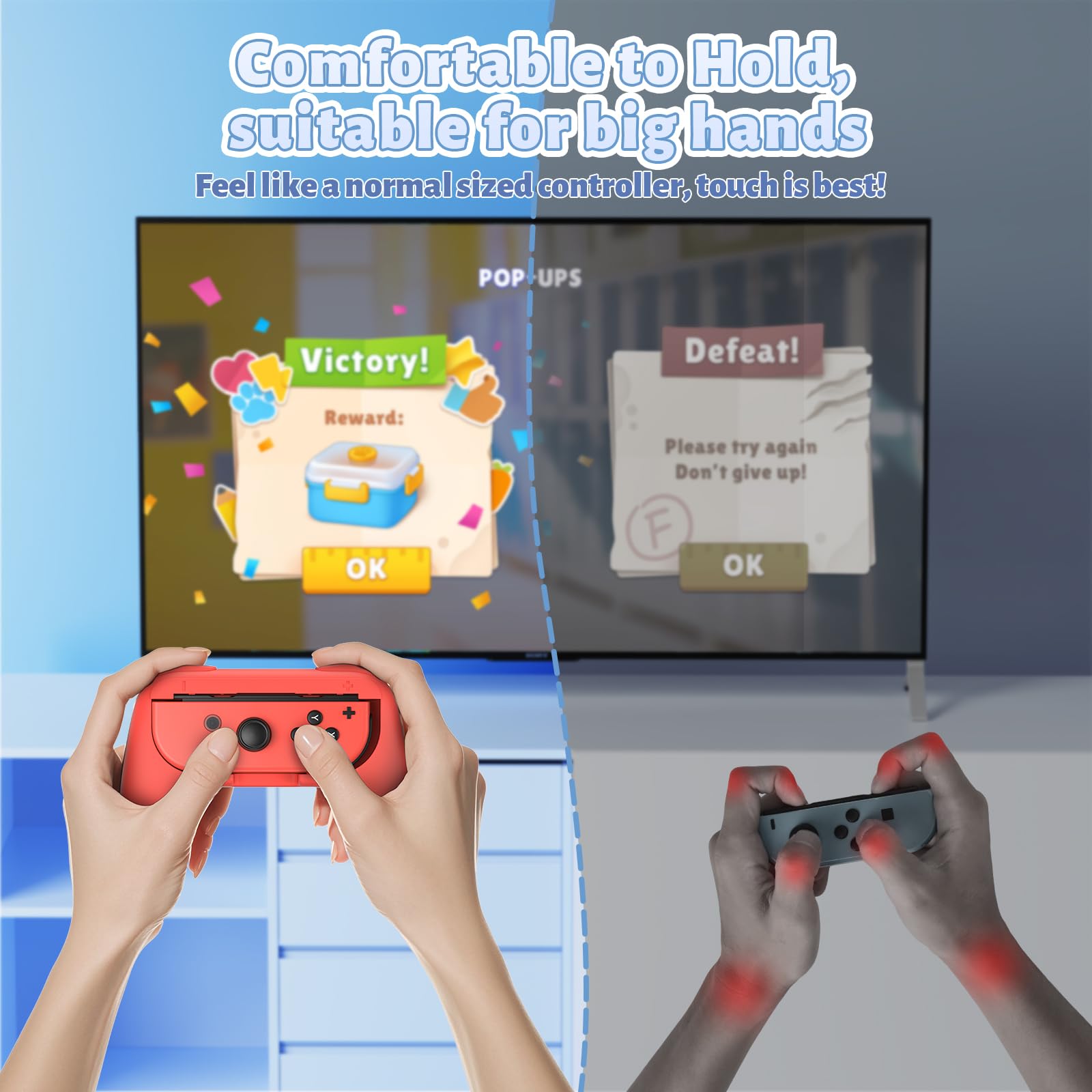FastSnail Grips Compatible with Nintendo Switch Joy-Con, Wear-Resistant Handle Kit Compatible with Switch Joy Cons Controllers, 2 Pack (Blue and Red)