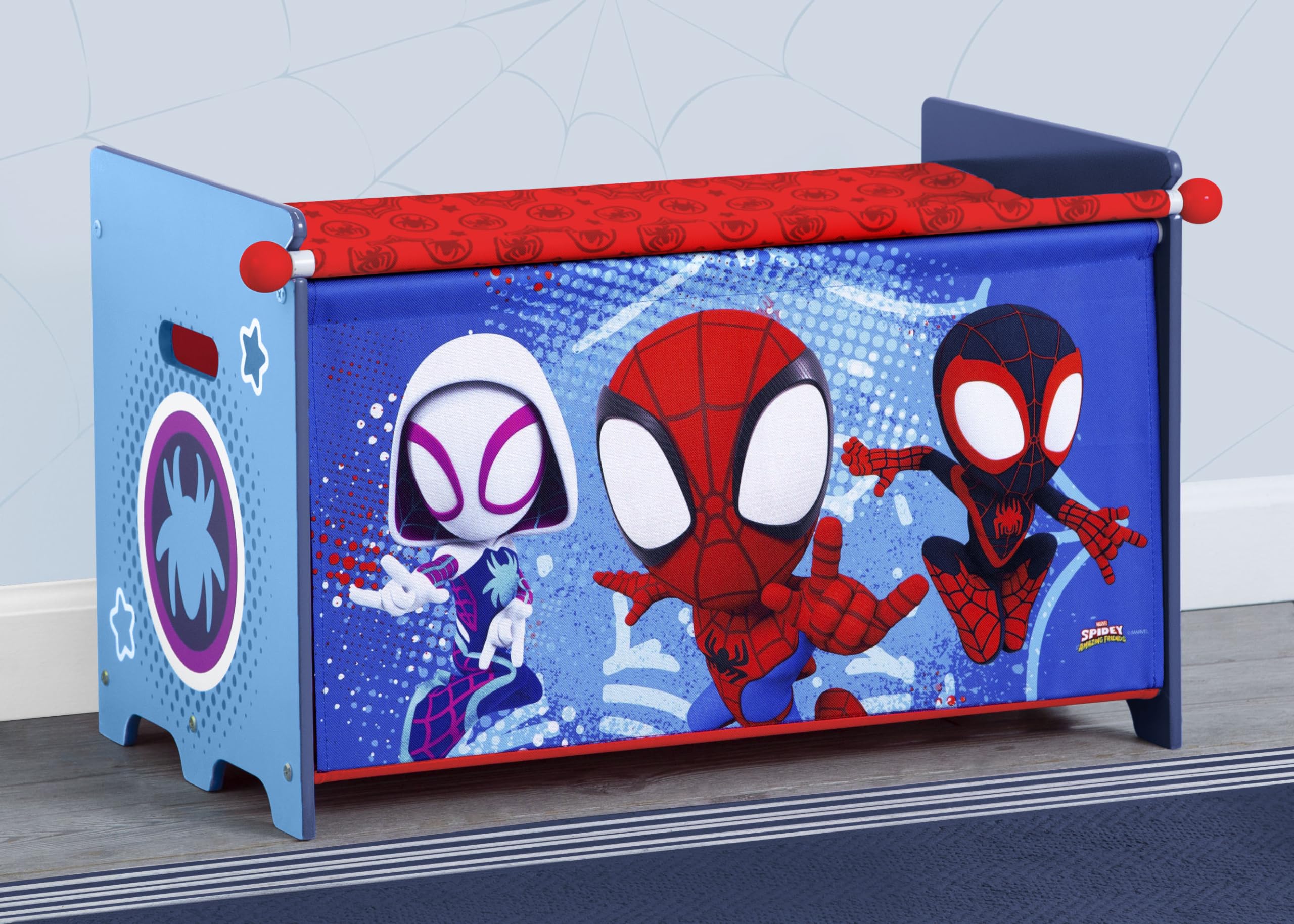 Delta Children Marvel Spidey and His Amazing Friends Toy Box with Retractable Fabric Top, Blue