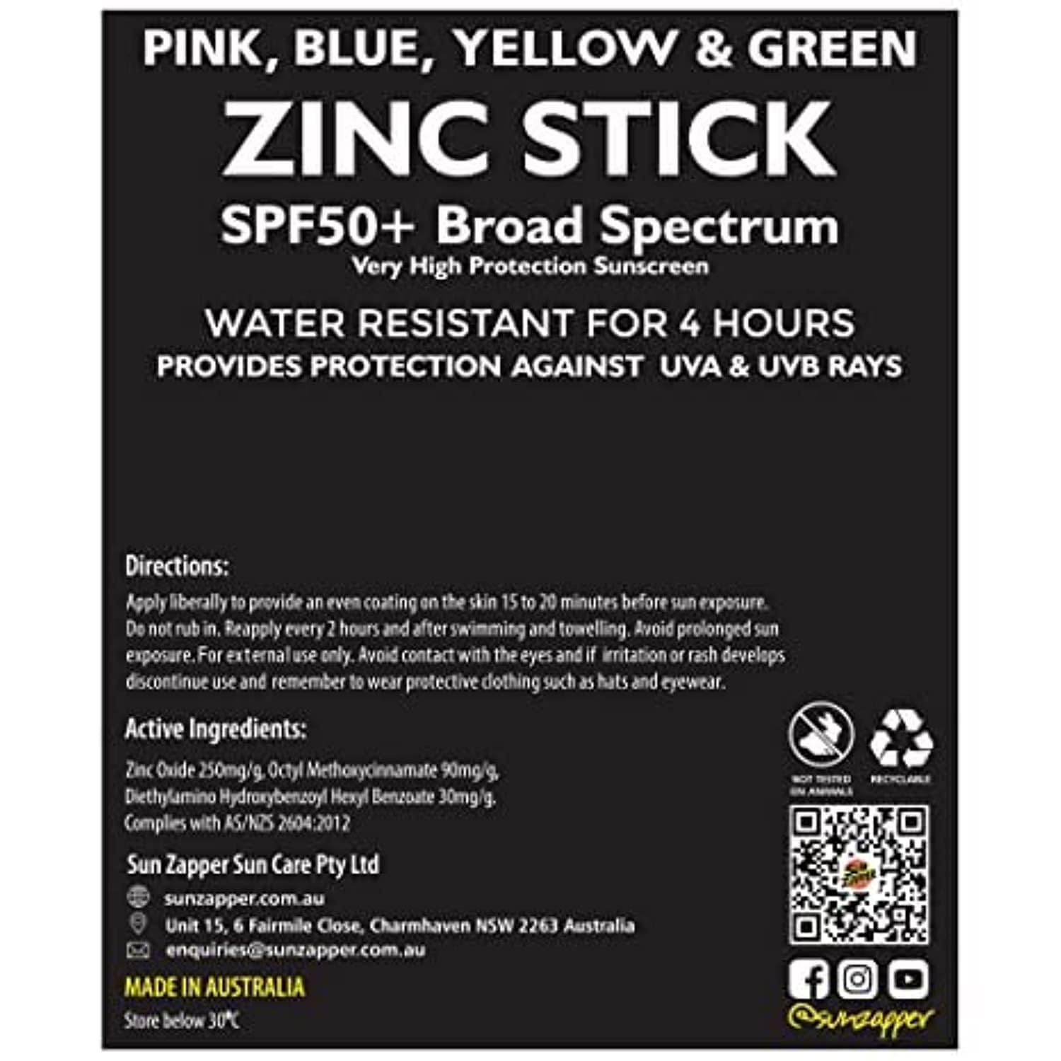 Sun Zapper Zinc Oxide Mineral Sunscreen Stick – SPF 50+ Water Resistant – 4-Pack (Pink, Blue, Green, Yellow) Rainbow Pack – For Face & Body – Made in Australia