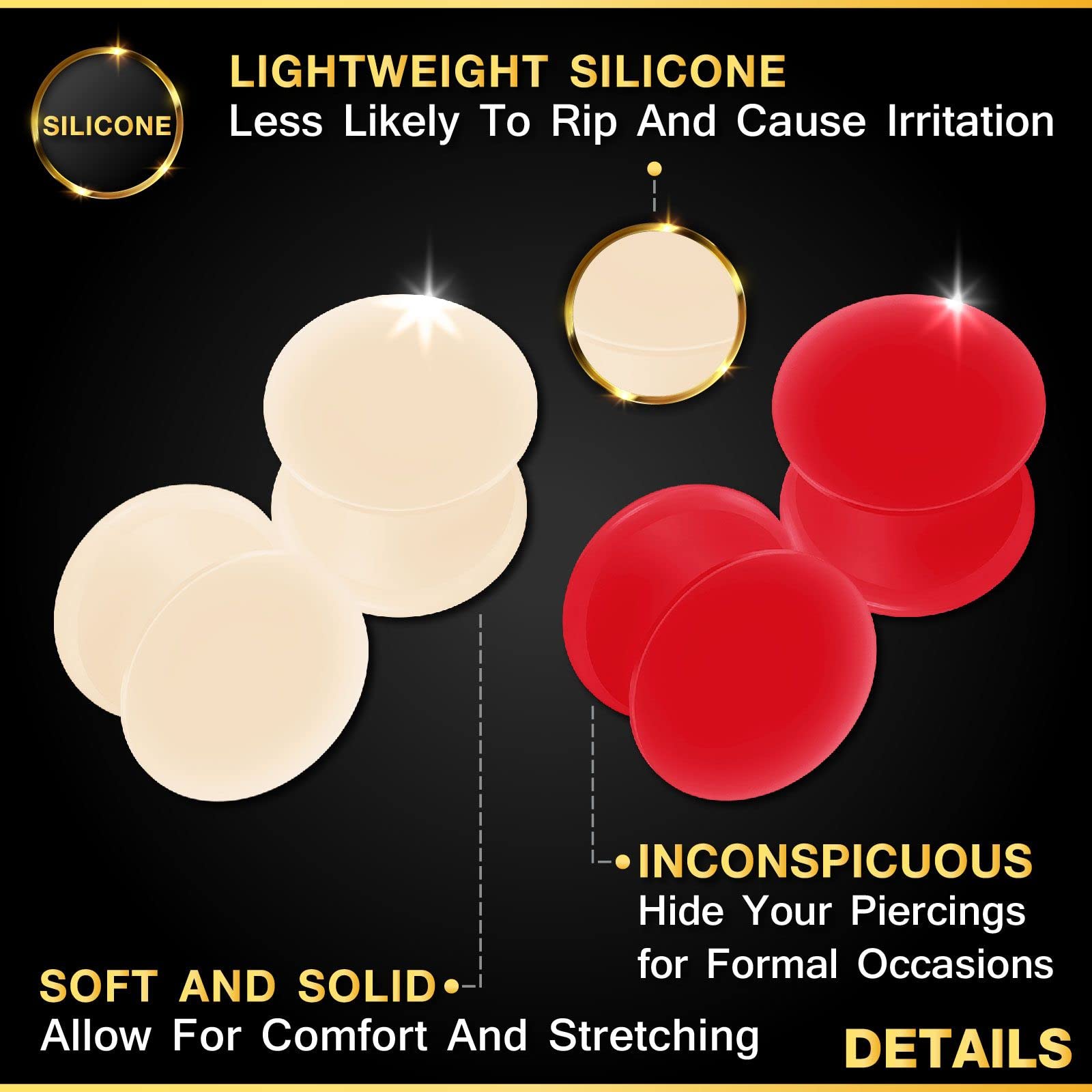 BanaVega Silicone Double Flared Saddle Black Skin White Ear Stretcher Gauge Plugs Lobe Earring Piercing Jewelry See More Sizes (Y2-4pcs 20mm SN RE)