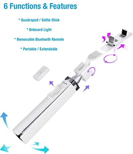 Fugetek 40'' Quadrapod Lighted Selfie Stick Stand, Lightweight 7oz, Wireless Bluetooth Remote, Patented Ultra Stable 4 Legs, 3 Onboard Light Modes, Compatible with iPhone & Android (White)