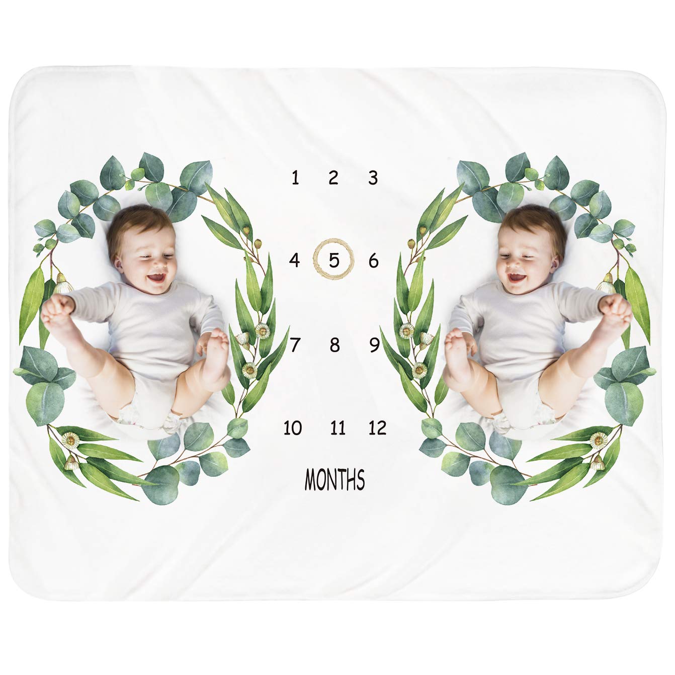 Baby Monthly Milestone Blanket Twins - Newborn Month Blanket Unisex Neutral Personalized Shower Gift Leaf Nursery Decor Photography Background Prop with Wooden Wreath Large 51''x40''