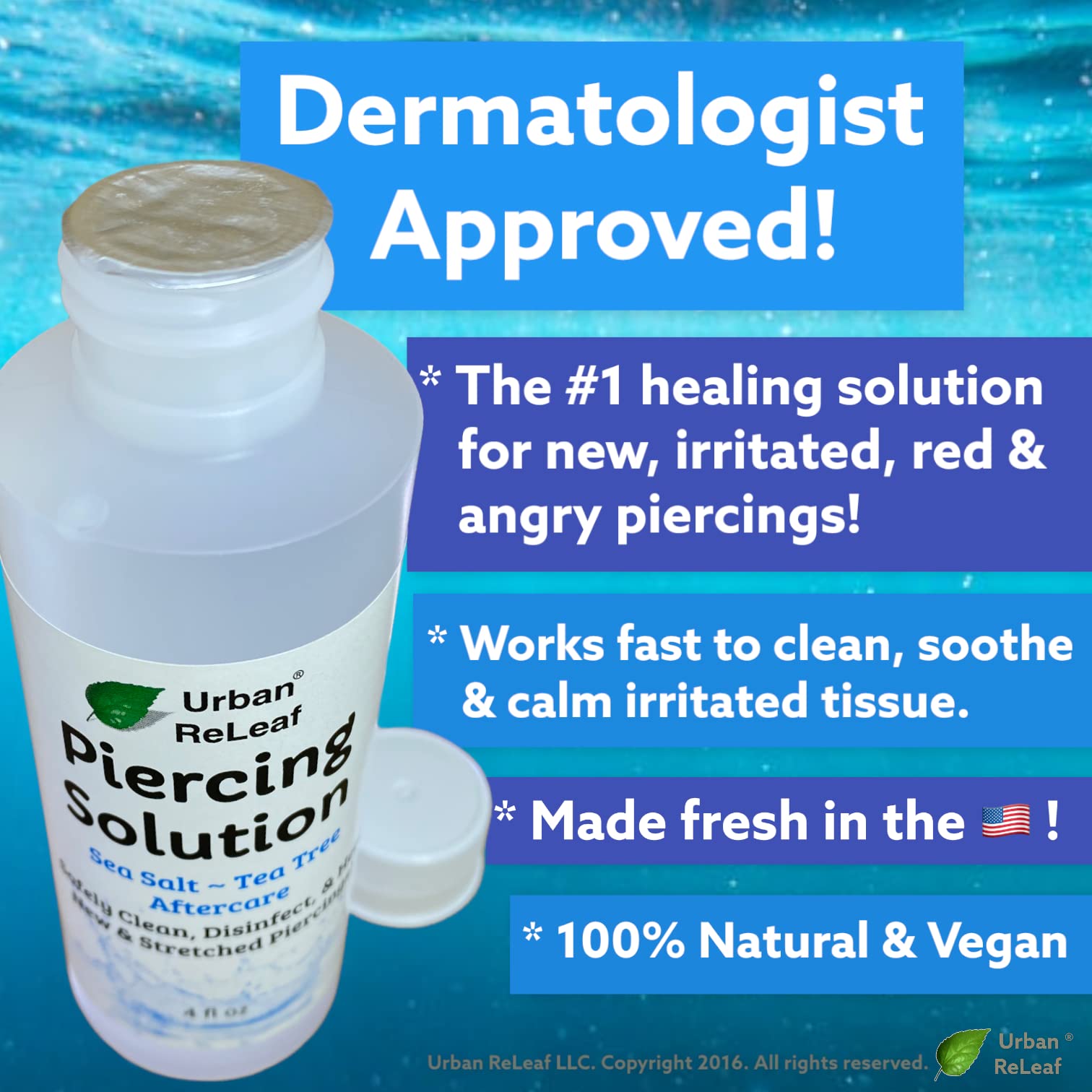 Urban ReLeaf Piercing Solution ! Soothing Sea Salts & Tea Tree AFTERCARE 4 oz, Ready to use. Safely Clean and Calm New & Stretched Piercings. Gentle Effective Natural & Proven. Works Fast