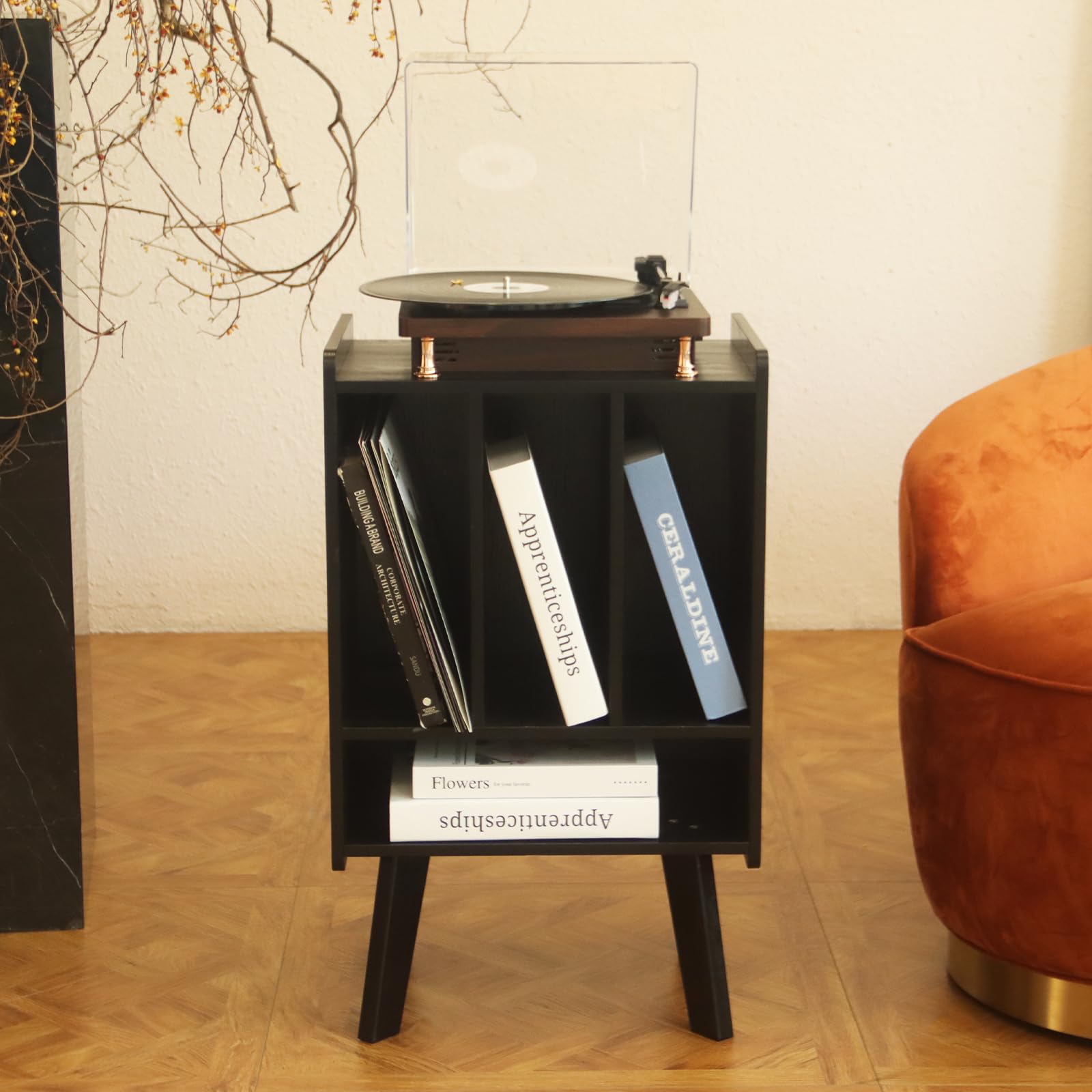 AWASEN Record Player Stand with Vinyl Storage, Turntable Stand with Record Storage, Vinyl Record Table Holds Up to 100 Albums, 3 Tier End Table for Living Room Bedroom Office Small Spaces (Black)