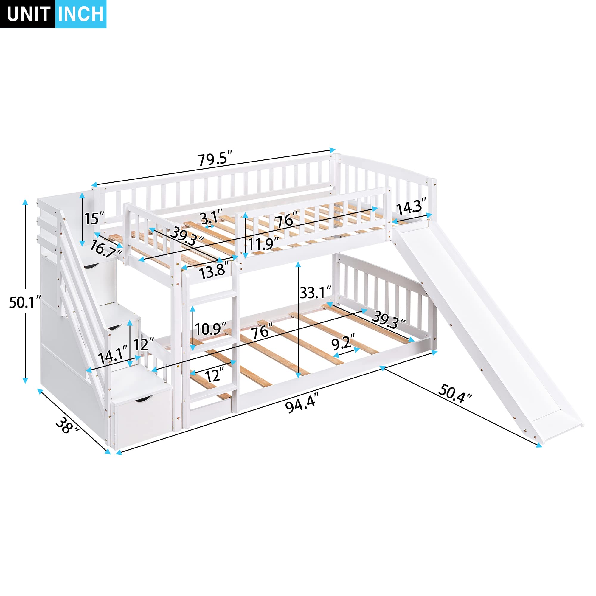 Harper & Bright Designs Twin Over Twin Bunk Bed with Slide and Guardrail, Floor Bunk Bed with Stairway/Two Drawers/Handrail, Space-Saving Bedroom Dormitory Furniture (White)