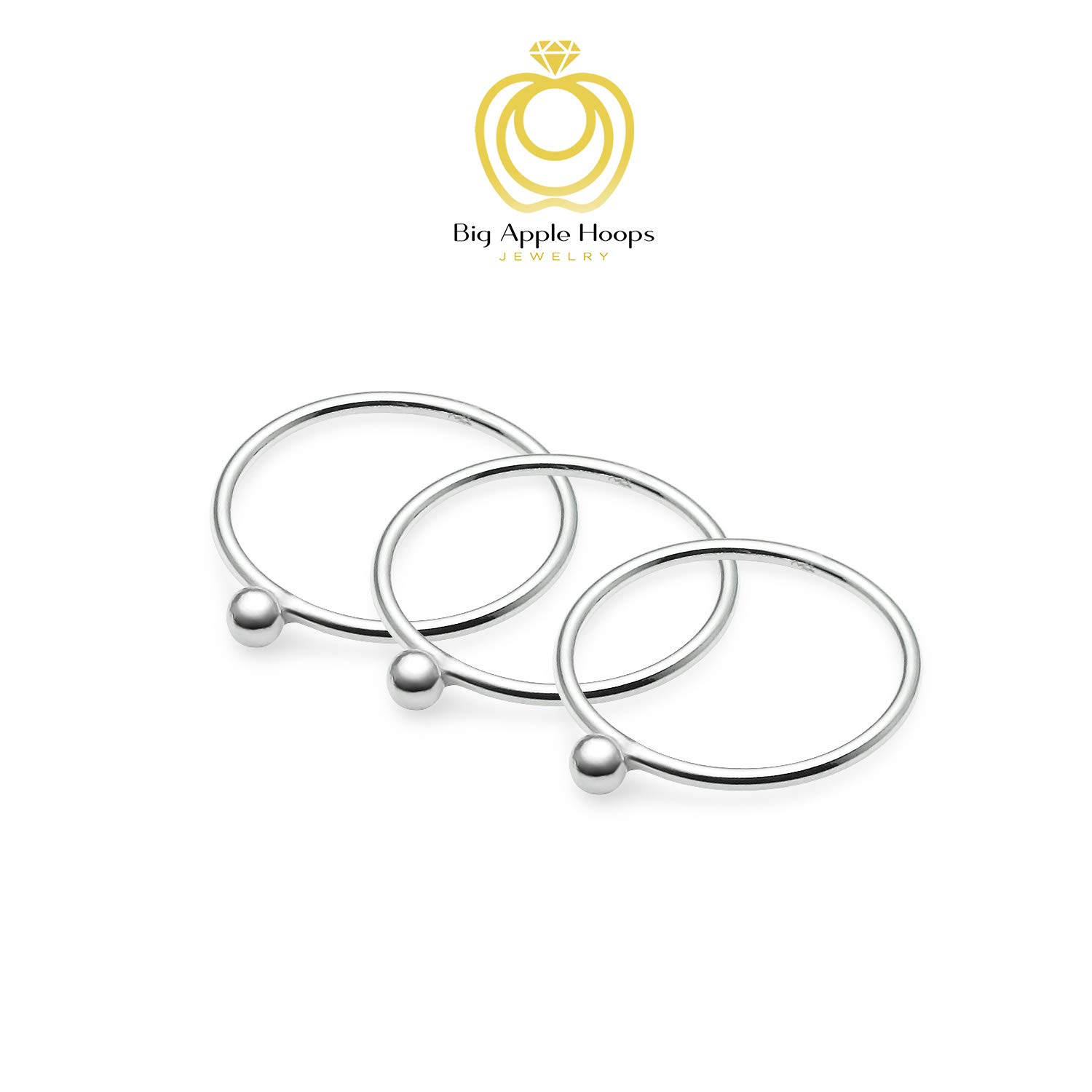 Big Apple Hoops - 3 PCS Ring Set 925 Sterling Silver Ring, Bead Ball Ring Size 5