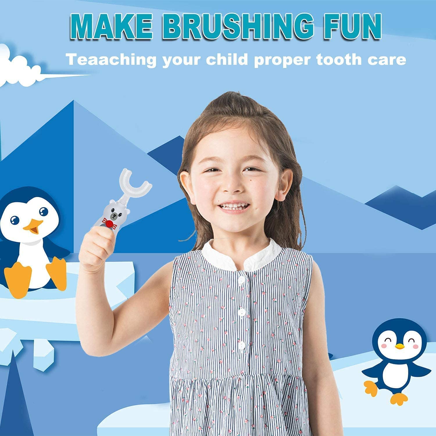Caromolly Kids Electric Toothbrush, U-Shaped Automatic Toothbrush,360° Cleaning with Three Types of Brush Heads,Special Design for 7-12 Years, White