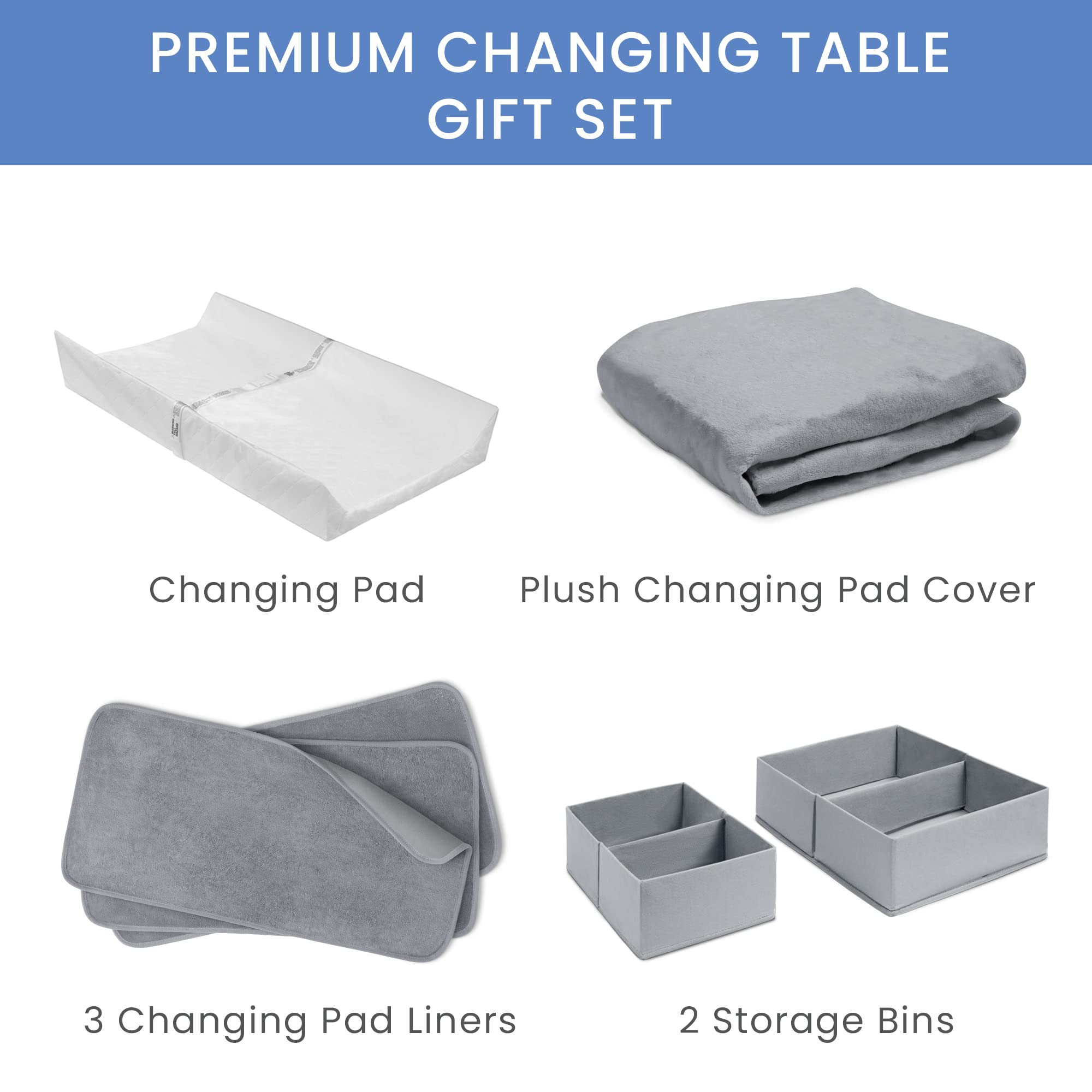 Delta Children 7-Piece Essential Changing Table Set - Newborn Baby Gift Set for Boys and Girls – Set Includes Changing Pad, Plush Changing Pad Cover, 3 Changing Pad Liners and 2 Storage Bins, Grey