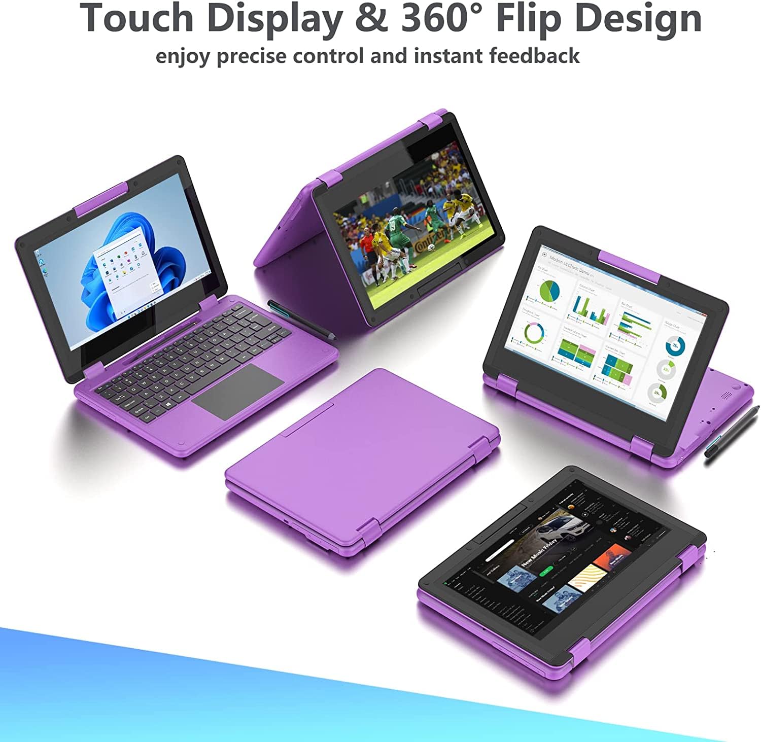 AWOW Touchscreen Laptop with Stylus, 2 in 1 11.6" FHD Purple Intel 4 Core Celeron N4120 Processor Windows 11 OS 6GB RAM 256GB M.2 SSD Storage Kids Convertible Laptop