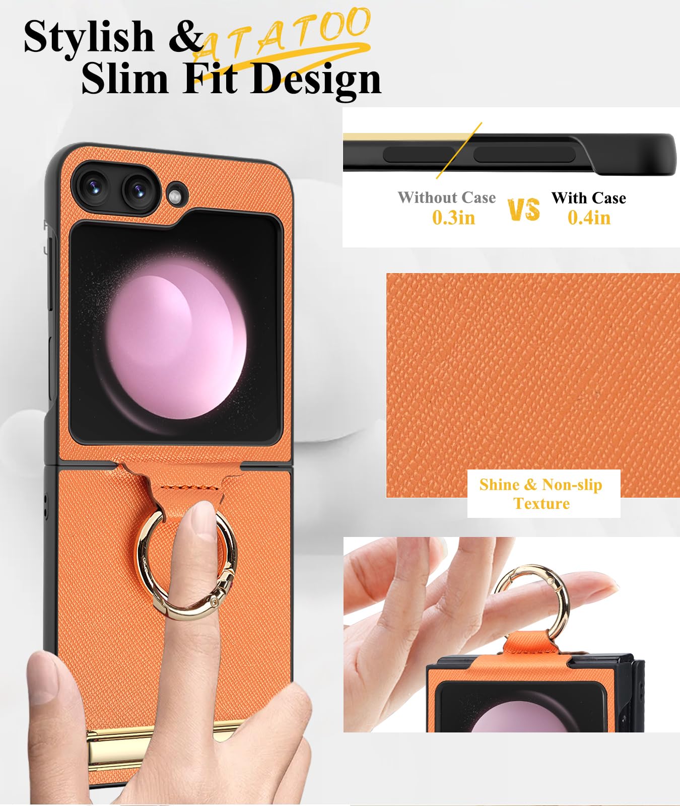 ATATOO for Galaxy Z Flip 5 Case with Kickstand, Thin Flip5 Case with Adjustable Ring & Front Screen Protector, Sturdy Anti-Slip Luxury Leather Phone Case for Samsung Galaxy Z Flip 5 2023, Orange