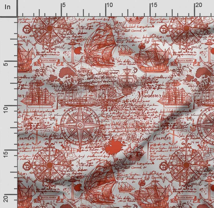 Soimoi Cotton Poplin Fabric Ship & Direction Compass Nautical Print Fabric by Yard 42 Inch Wide
