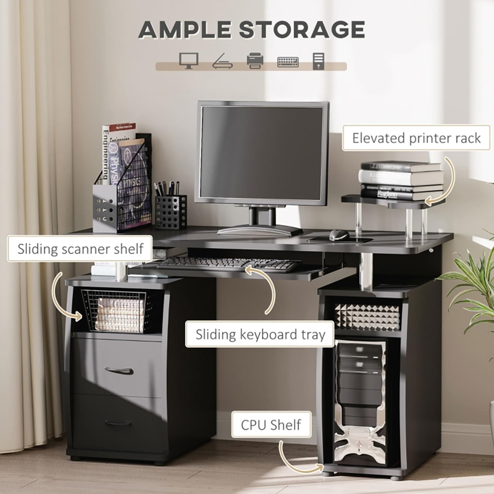 BIVVI 47.25" Computer Desk with Keyboard Tray,Gaming Desk Office Desk File Cabinet w/CPU Stand & Elevated Printer Rack,Industrial Work Desk PC Table Study Desk Organizer for Home Office Bedroom,Black