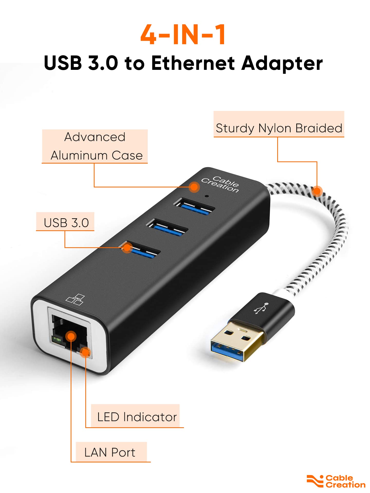 USB to Ethernet Adapter, CableCreation 3-Port USB 3.0 Hub, USB 3.0 Ethernet Adapter RJ45 10/100/1000 Mbps Gigabit Compatible with Windows PC, Laptop, MacBook Pro, USB Flash Drives etc, Aluminum Black