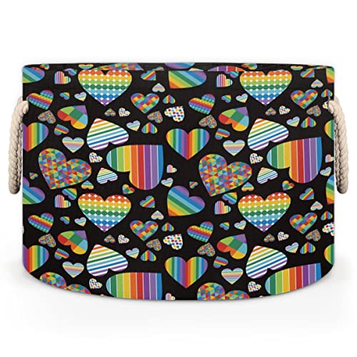 Rainbow Hearts Lgbt Pridge Large Round Baskets for Storage Laundry Baskets with Handles Blanket Storage Basket for Bathroom Shelves Bins for Organizing Nursery Hamper Girl Boy