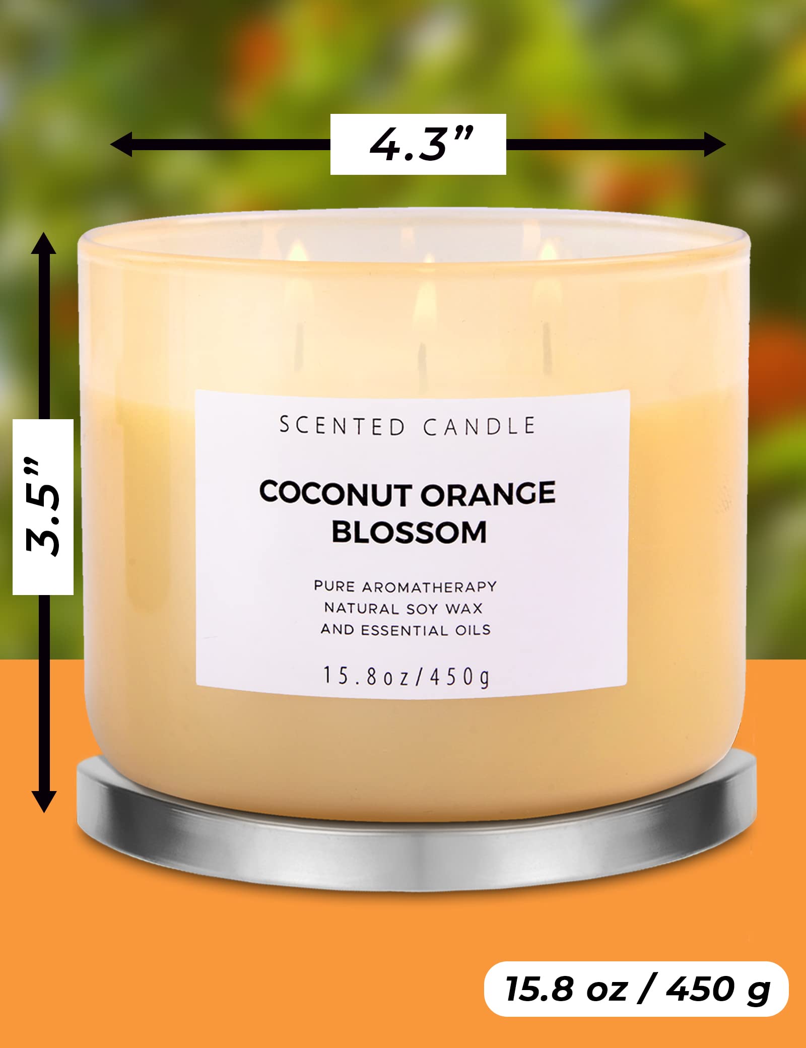 Coconut Orange Blossom 3 Wick Candle | Highly Scented Soy Candles for Home 15.8 oz, Summer & Tropical Scented Candle | Aromatherapy Stress Relief Candle, Relaxing Clean Burning Candle for Women & Men